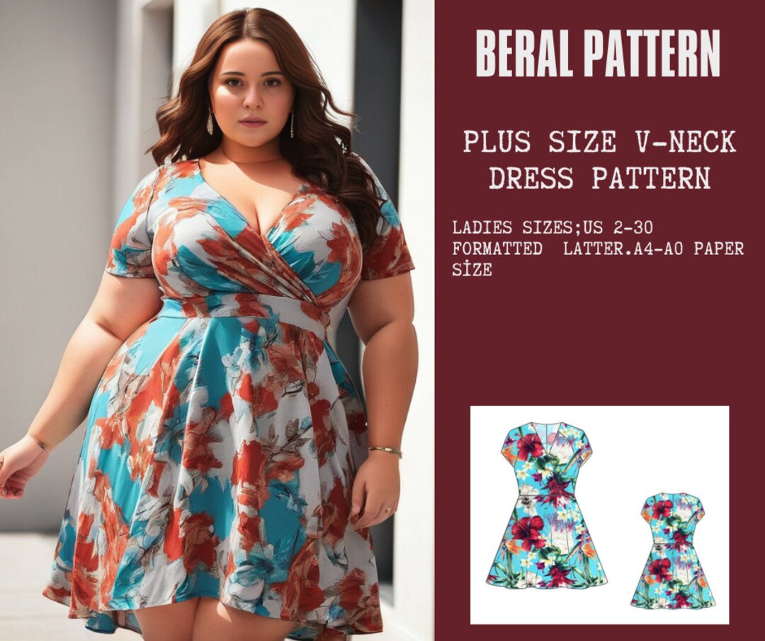 Plus Size Low-cut Neckline Short Sleeve Mini Dress pdf A4 A0 Format for ...