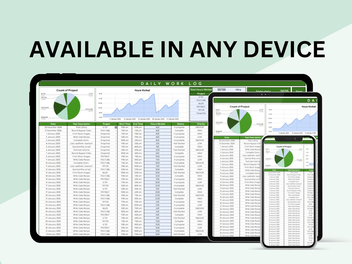 EDITABLE Daily Work Log Excel Template Track Time Projects Priorities ...