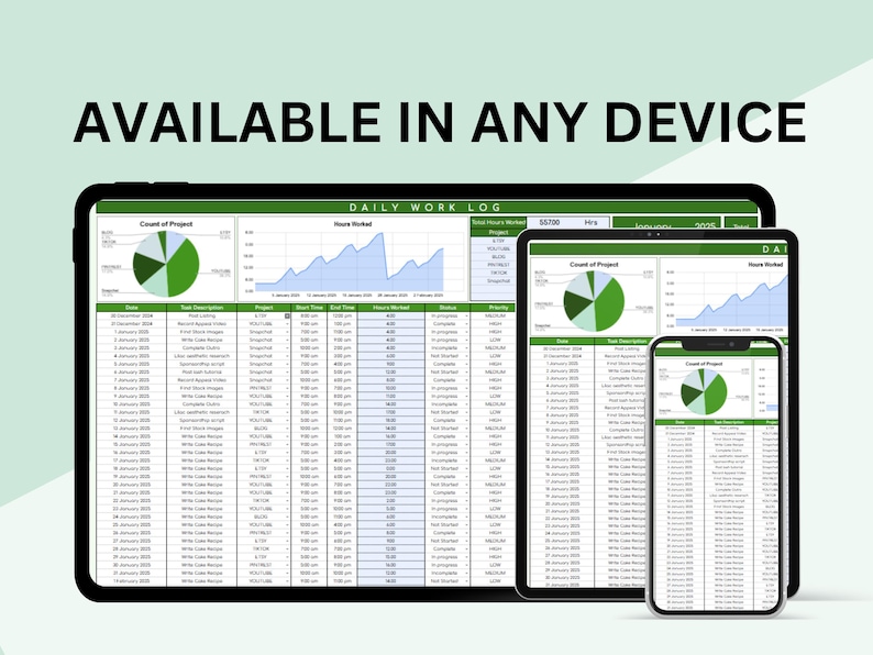 EDITABLE Daily Work Log Excel Template Track Time Projects Priorities ...