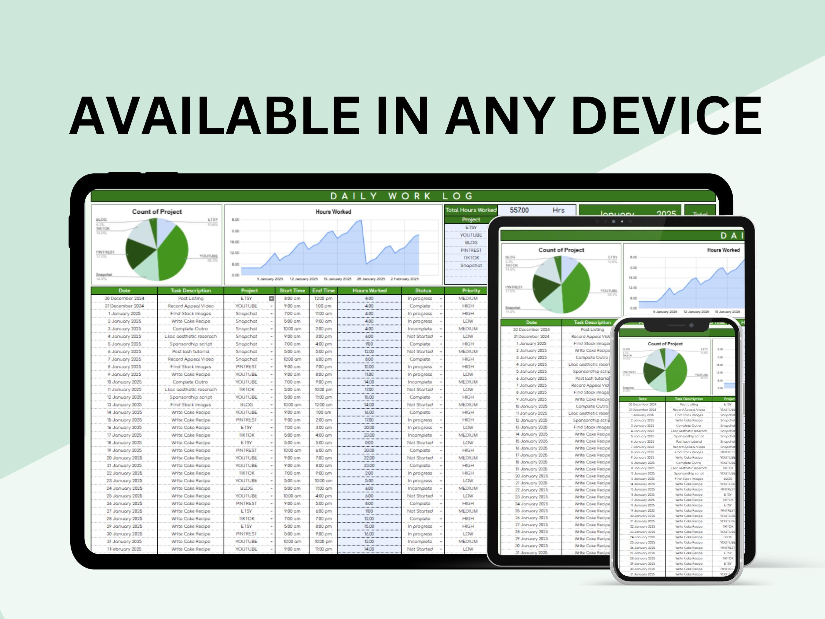 EDITABLE Daily Work Log Excel Template Track Time Projects Priorities ...
