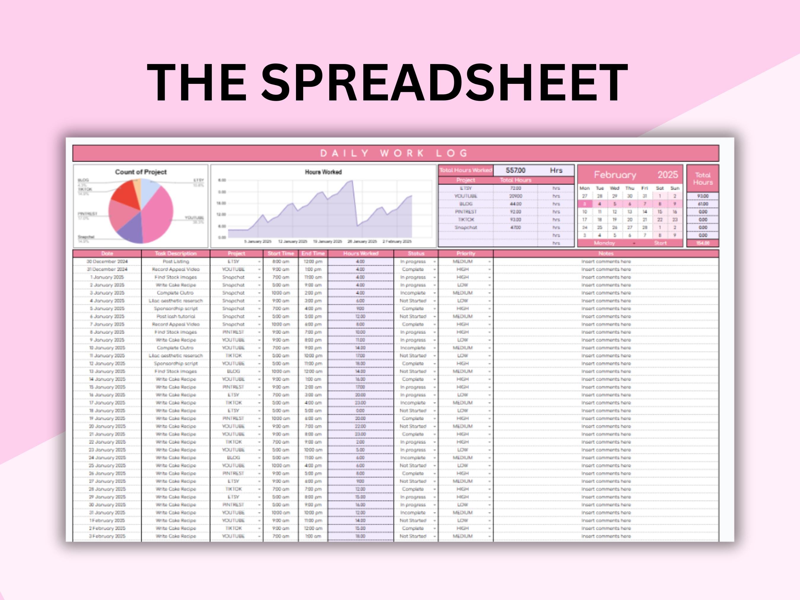EDITABLE Daily Work Log Excel Template Track Time Projects Priorities ...