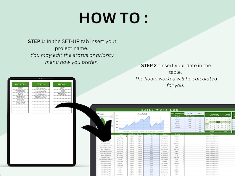 EDITABLE Daily Work Log Excel Template Track Time Projects Priorities ...