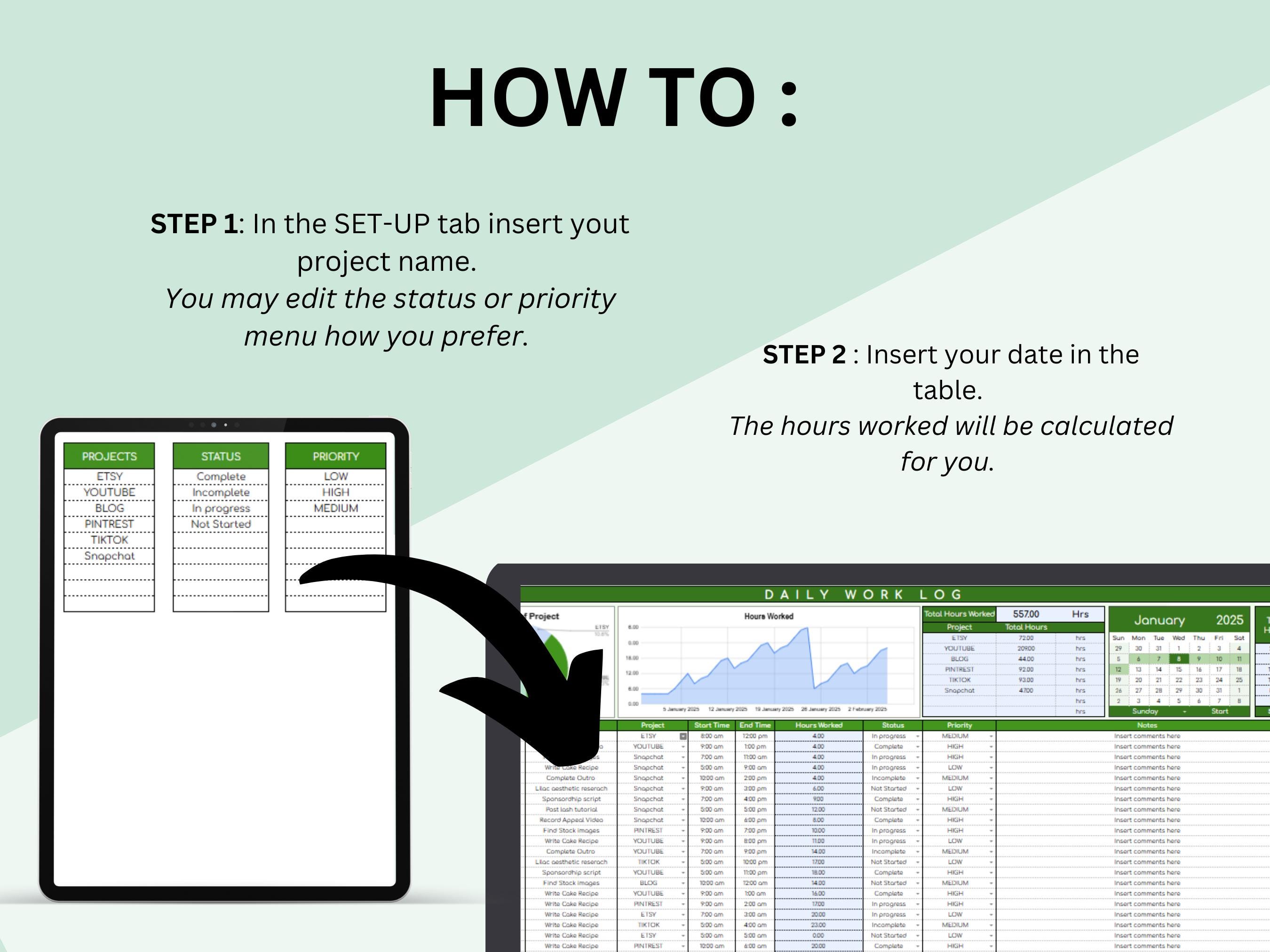 EDITABLE Daily Work Log Excel Template Track Time Projects Priorities ...