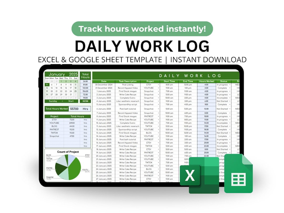 EDITABLE Daily Work Log Excel Template Track Time Projects Priorities Hours Worked Summary ...