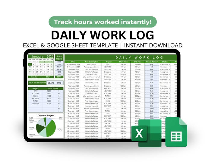 EDITABLE Daily Work Log Excel Template Track Time Projects Priorities ...