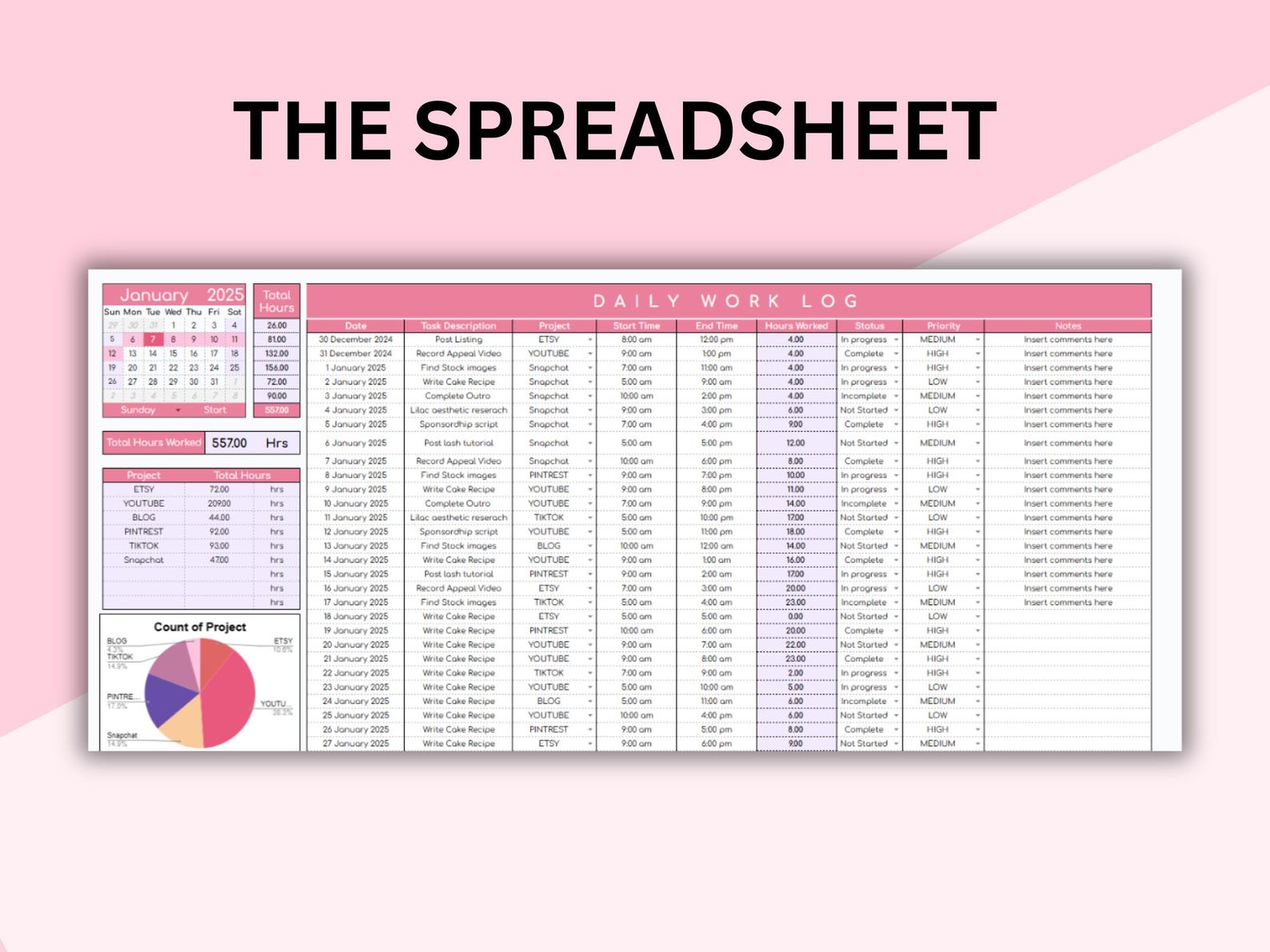EDITABLE Daily Work Log Excel Template Track Time Projects Priorities ...
