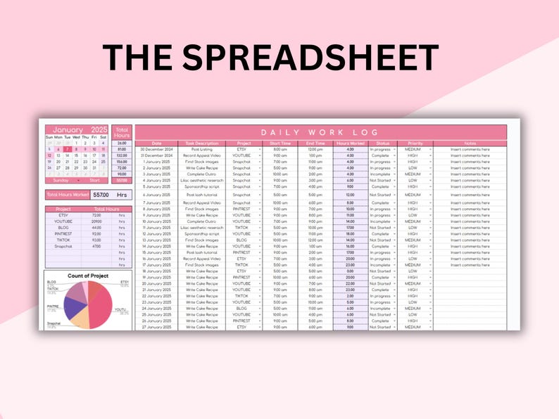 EDITABLE Daily Work Log Excel Template Track Time Projects Priorities ...