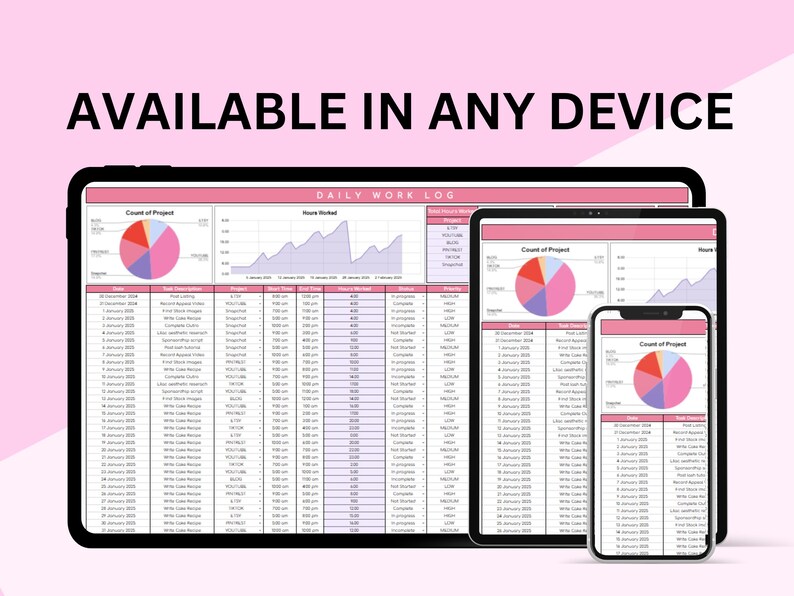 EDITABLE Daily Work Log Excel Template Track Time Projects Priorities ...