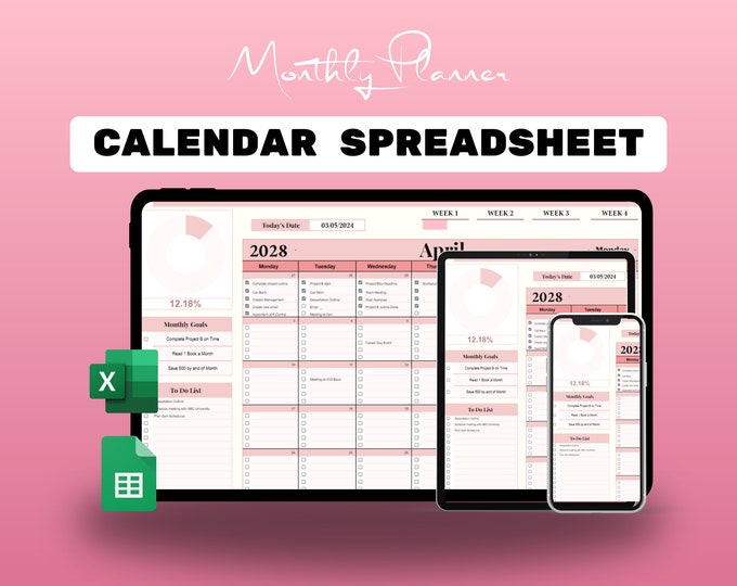 EDITABLE Monthly Calendar 2025| Excel Spreadsheet Template | Task ...