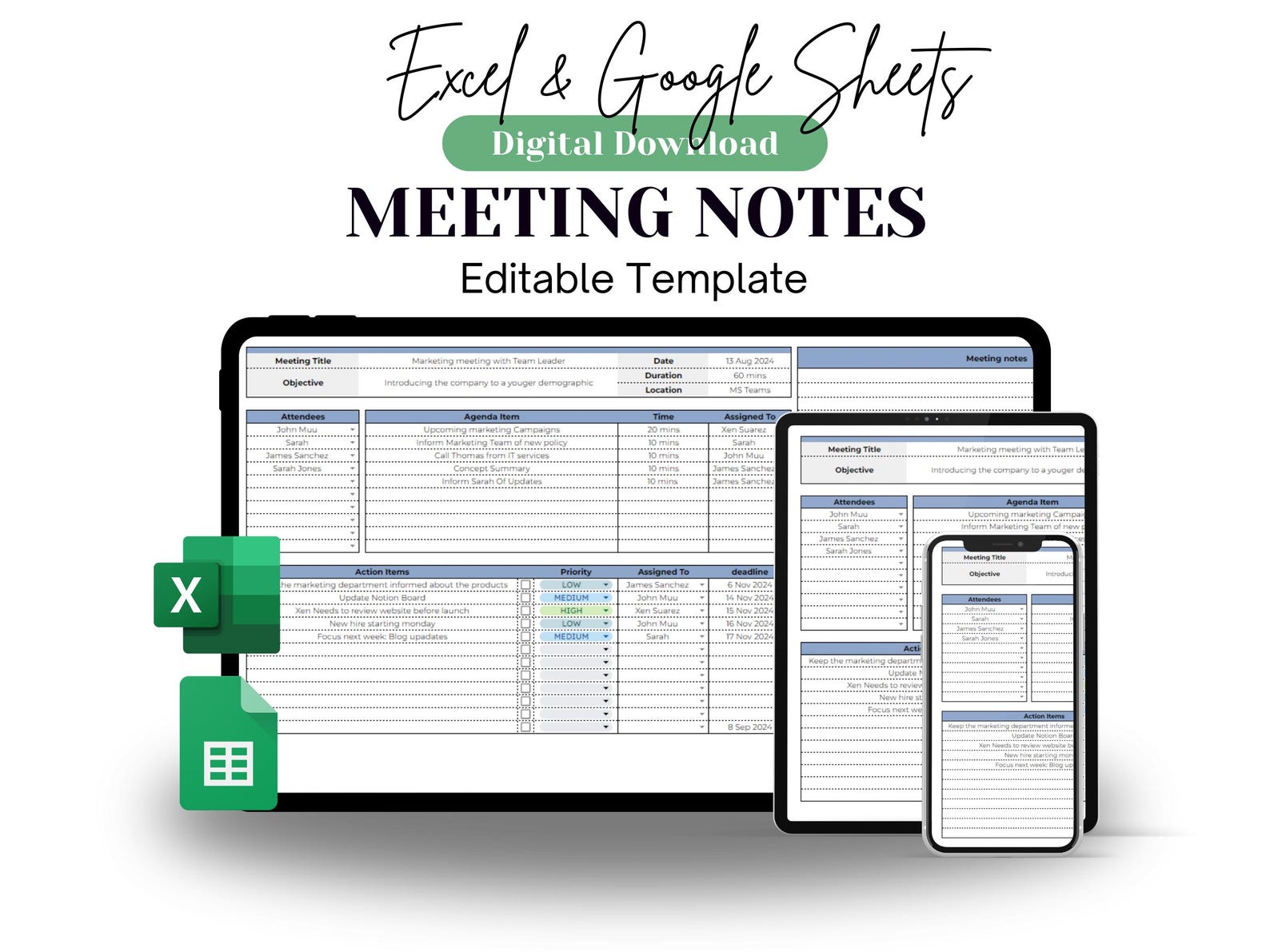 EDITABLE Weekly Meeting Notes | Google Sheets | Meeting Agenda, Minutes ...