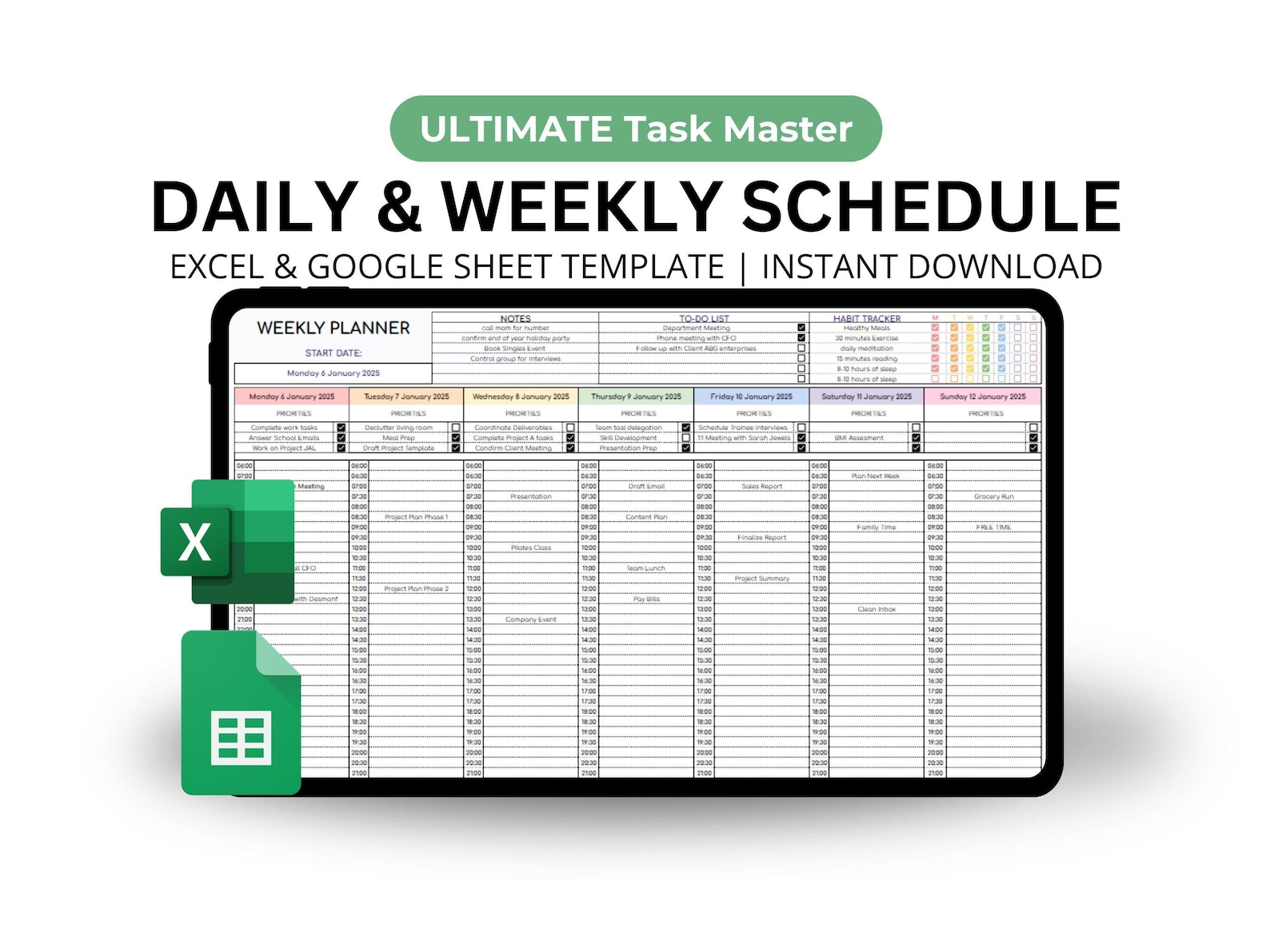 EDITABLE To-do List Excel Template Daily Weekly Monthly Annually Task ...