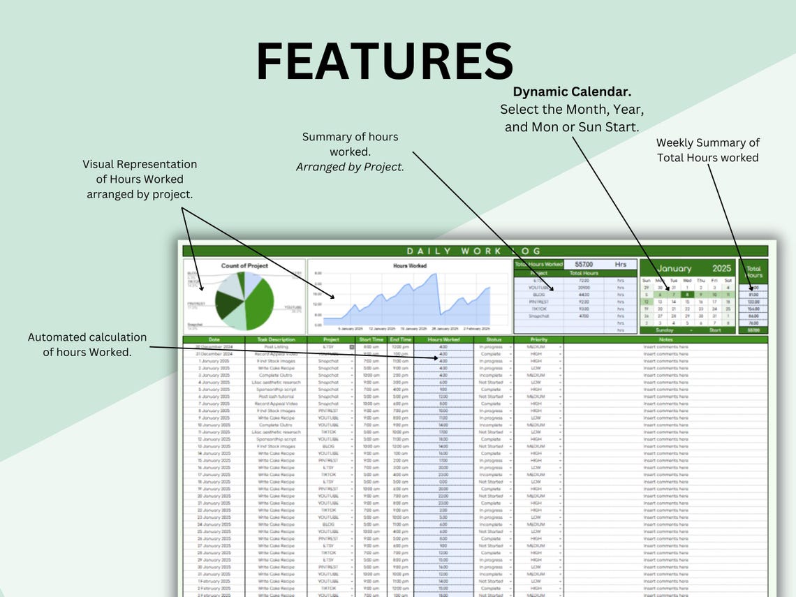 EDITABLE Daily Work Log Excel Template Track Time Projects Priorities ...