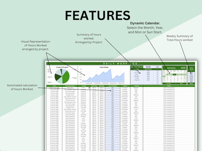 EDITABLE Daily Work Log Excel Template Track Time Projects Priorities ...