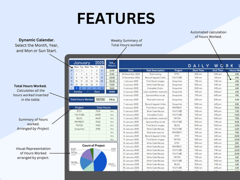 EDITABLE Daily Work Log Excel Template Track Time Projects Priorities ...