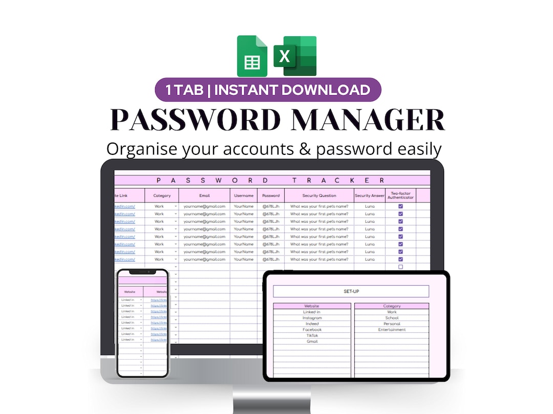 Password Manager, Password Tracker Excel Spreadsheet, Password Keeper ...