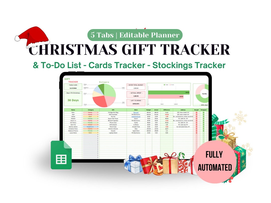 Christmas Gift Tracker Google Sheets Spreadsheet Xmas Budget Planner ...
