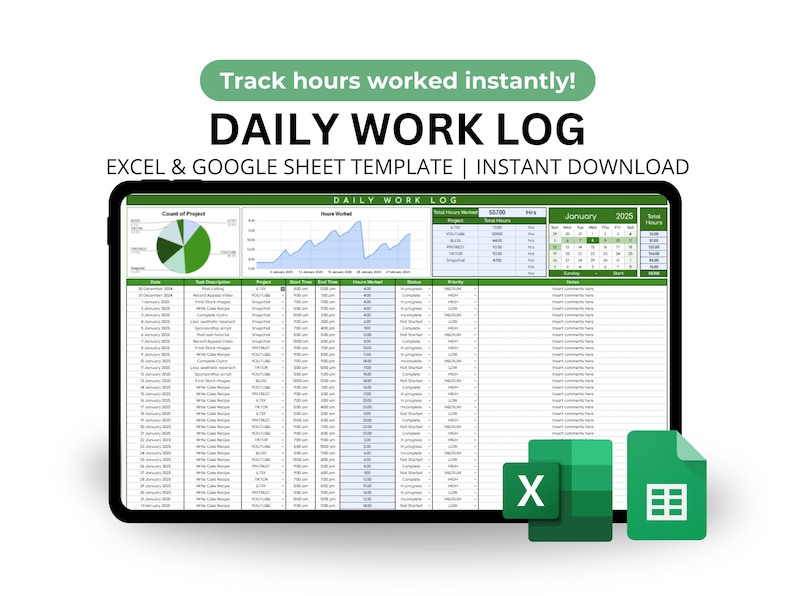 EDITABLE Daily Work Log Excel Template Track Time Projects Priorities ...