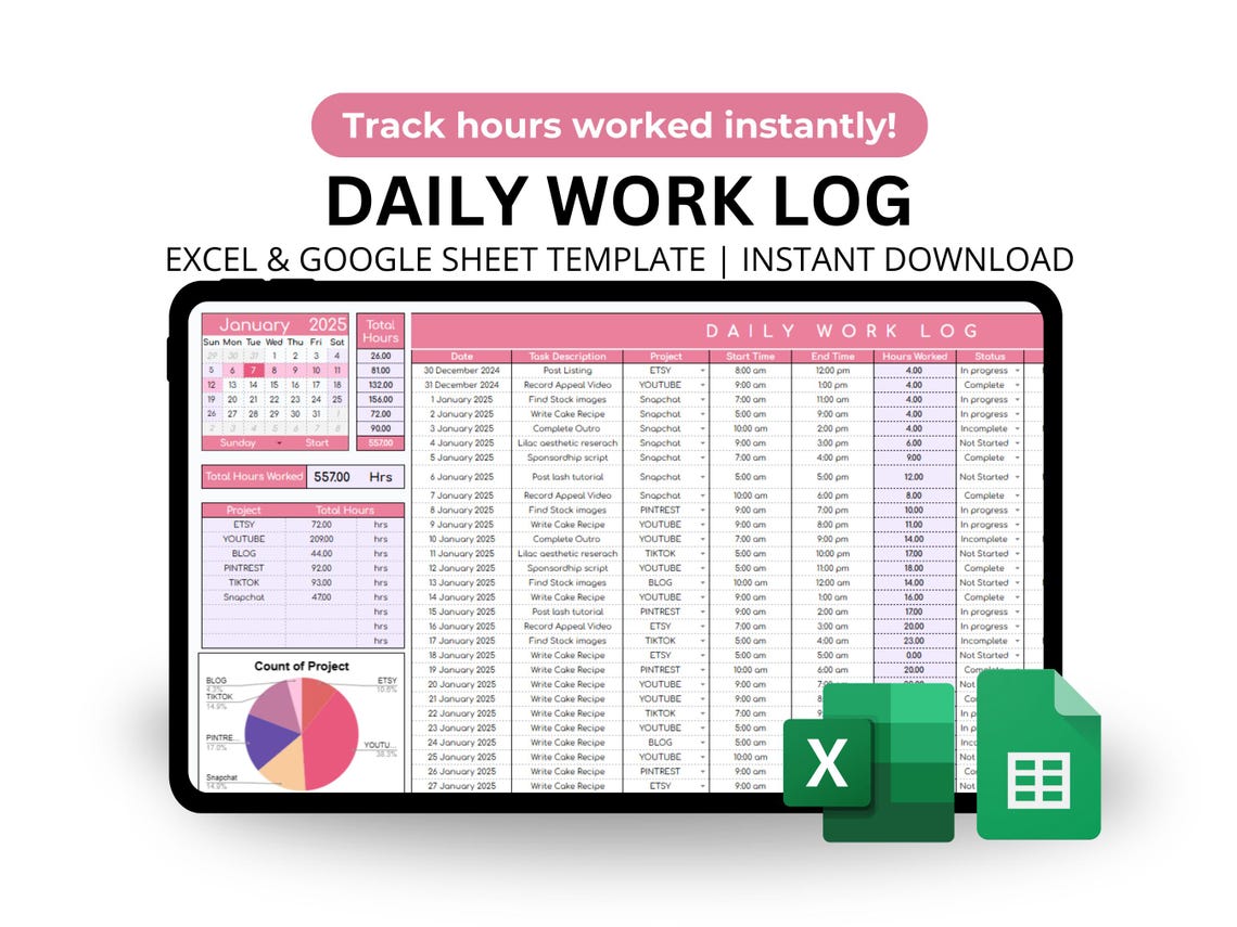 EDITABLE Daily Work Log Excel Template Track Time Projects Priorities ...