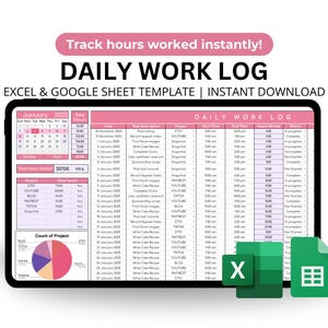 EDITABLE Daily Work Log Excel Template Track Time Projects Priorities ...