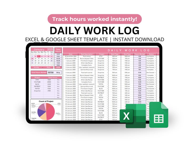 EDITABLE Daily Work Log Excel Template Track Time Projects Priorities Hours Worked Summary ...