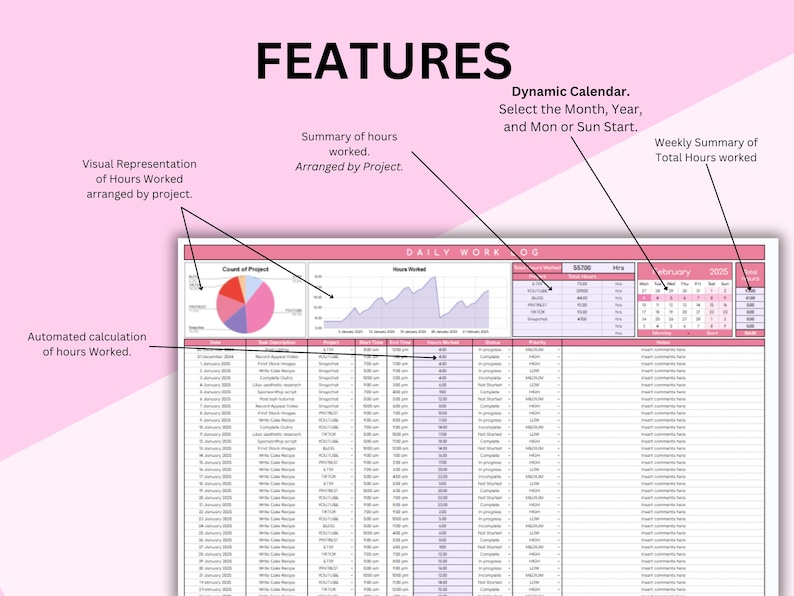 EDITABLE Daily Work Log Excel Template Track Time Projects Priorities ...