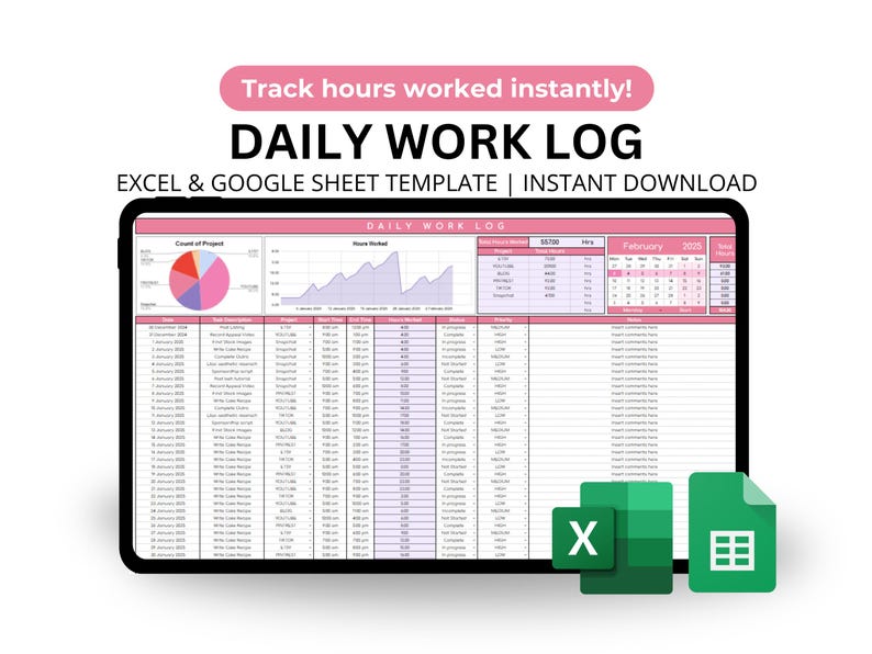 EDITABLE Daily Work Log Excel Template Track Time Projects Priorities ...