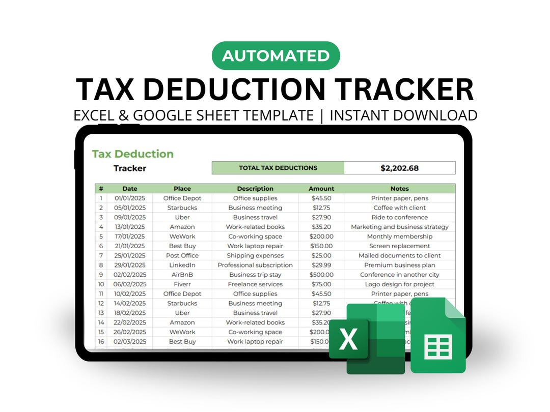 Tax Deduction Tracker Spreadsheet Editable Tax Deductions List Tax ...