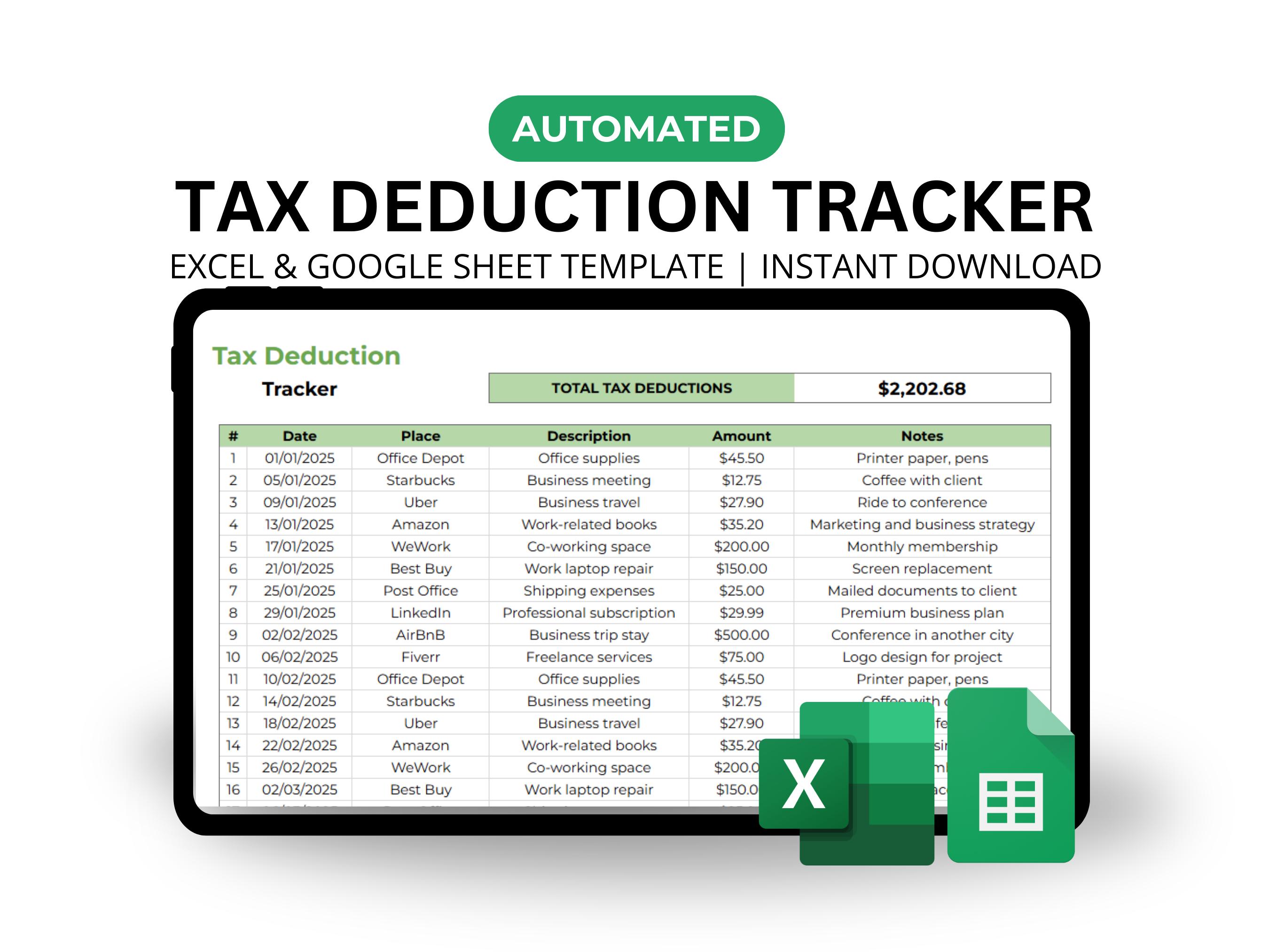 Tax Deduction Tracker Spreadsheet Editable Tax Deductions List Tax ...