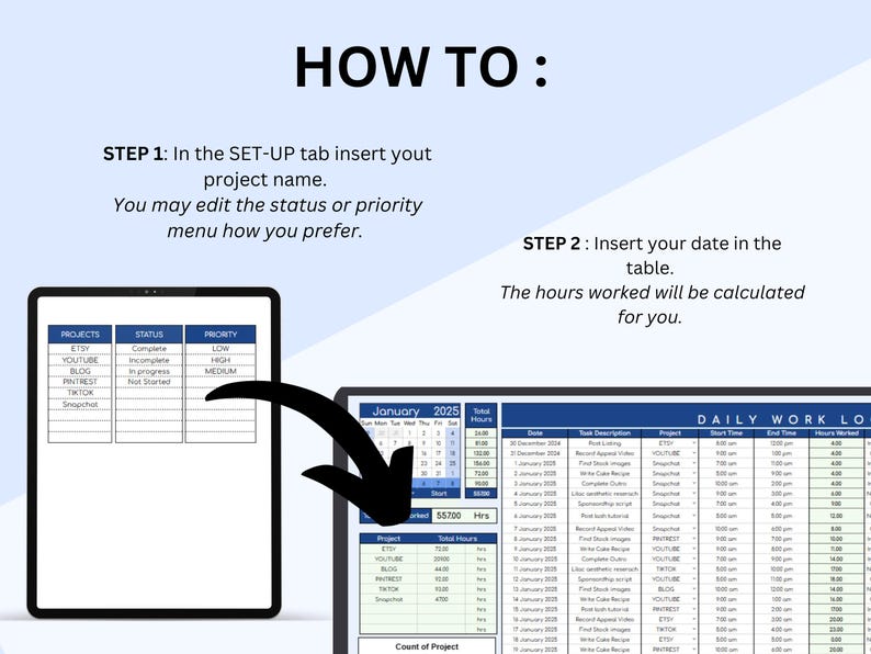 EDITABLE Daily Work Log Excel Template Track Time Projects Priorities ...