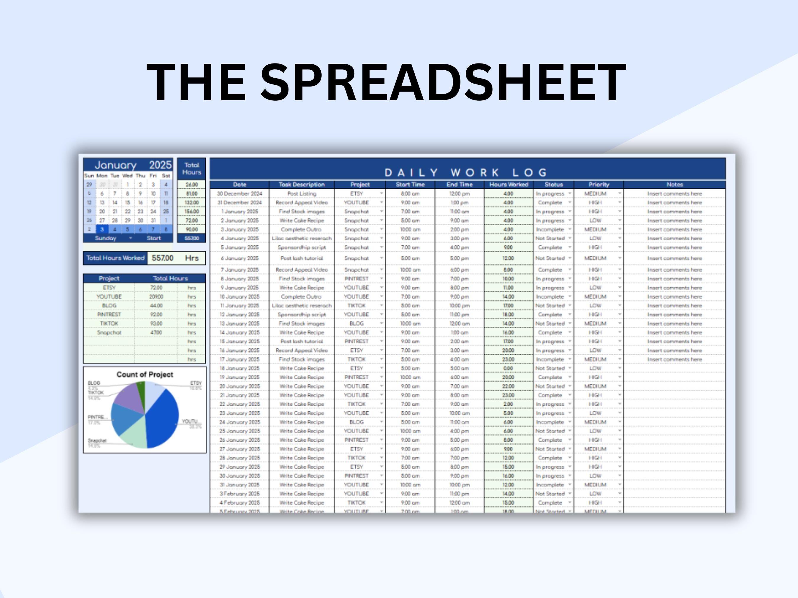 EDITABLE Daily Work Log Excel Template Track Time Projects Priorities ...