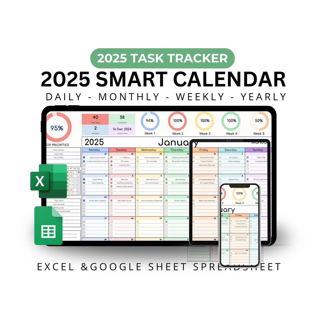 Digital Smart Calendar for Excel Task Tracker Spreadsheet Weekly ...