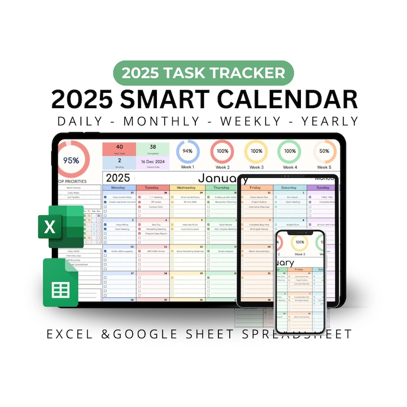 Digital Smart Calendar for Excel Task Tracker Spreadsheet Weekly ...