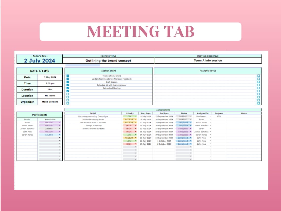 EDITABLE Weekly Meeting Notes | Google Sheets | Meeting Agenda, Minutes ...