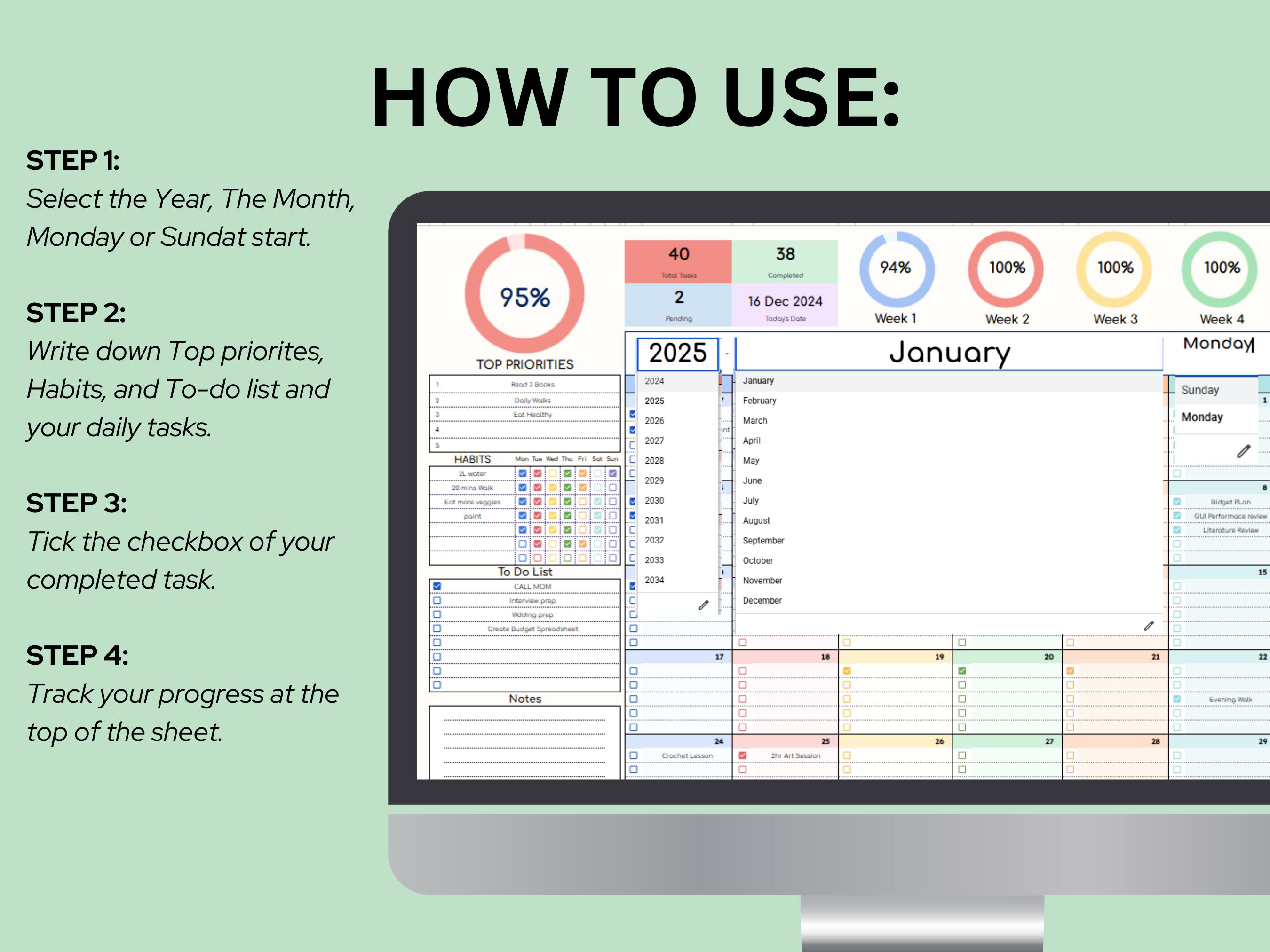 Digital Smart Calendar for Excel Task Tracker Spreadsheet Weekly ...