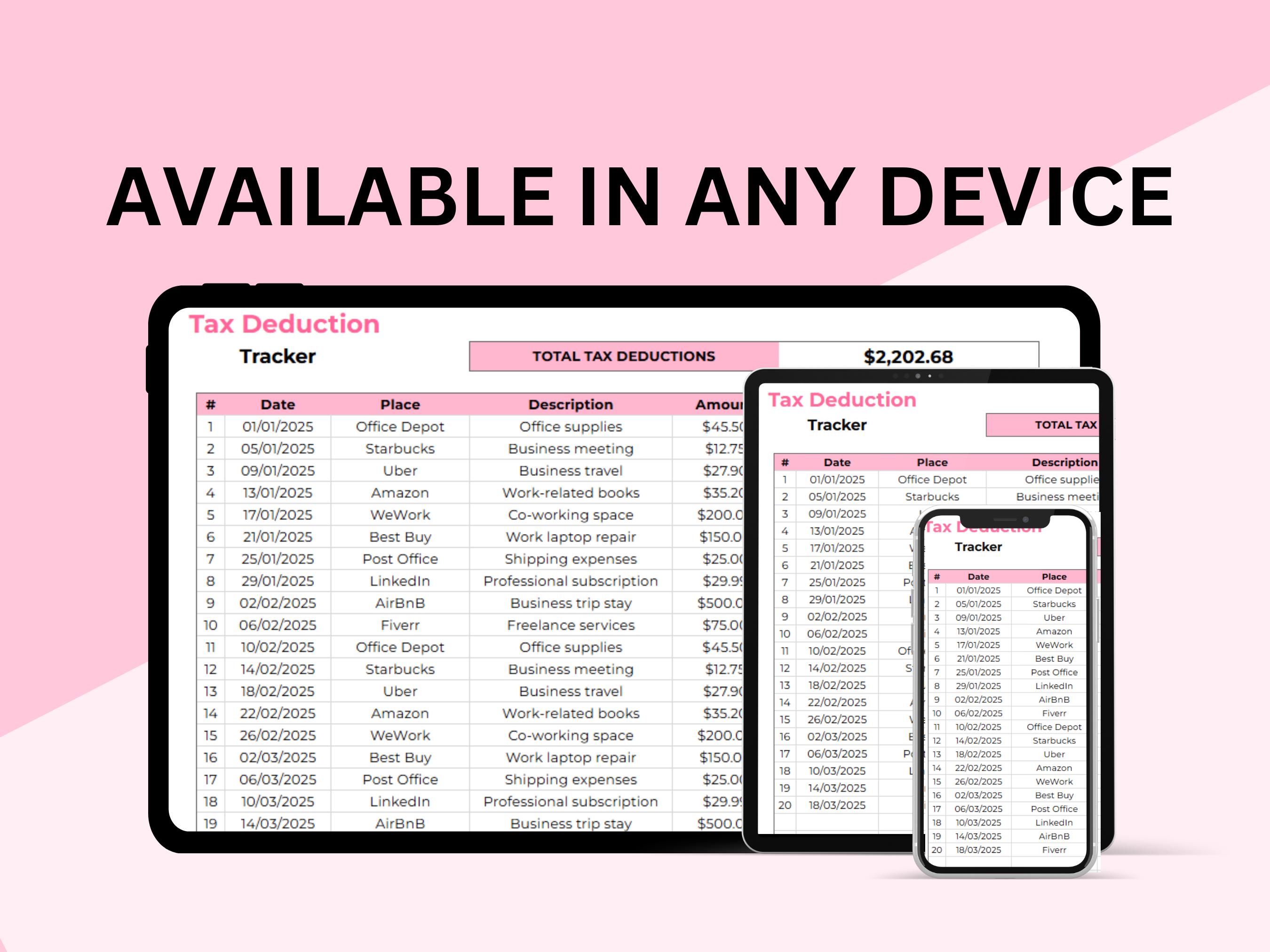 Tax Deduction Tracker Spreadsheet Editable Tax Deductions List Tax ...