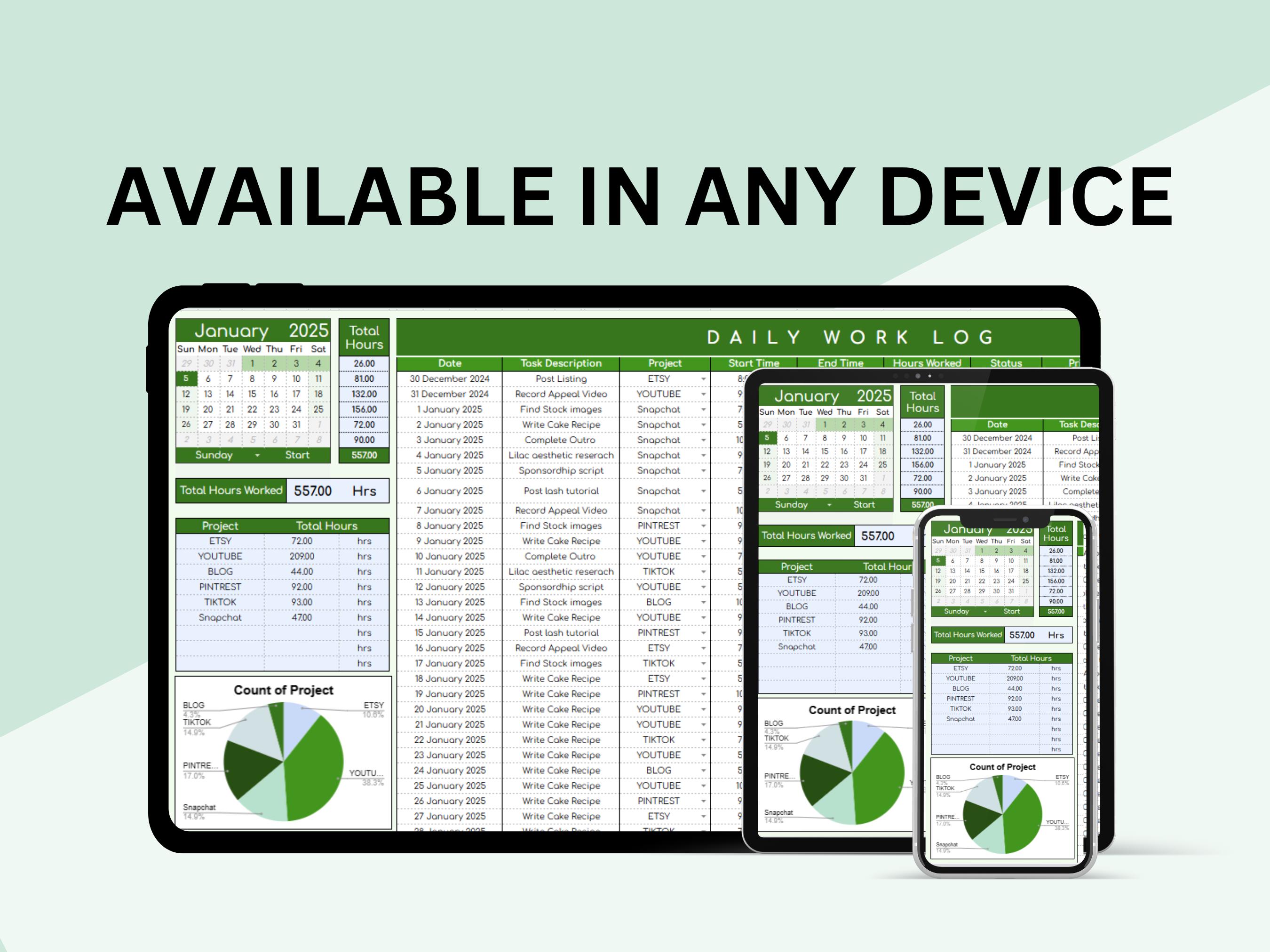 EDITABLE Daily Work Log Excel Template Track Time Projects Priorities ...