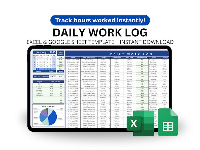 EDITABLE Daily Work Log Excel Template Track Time Projects Priorities ...