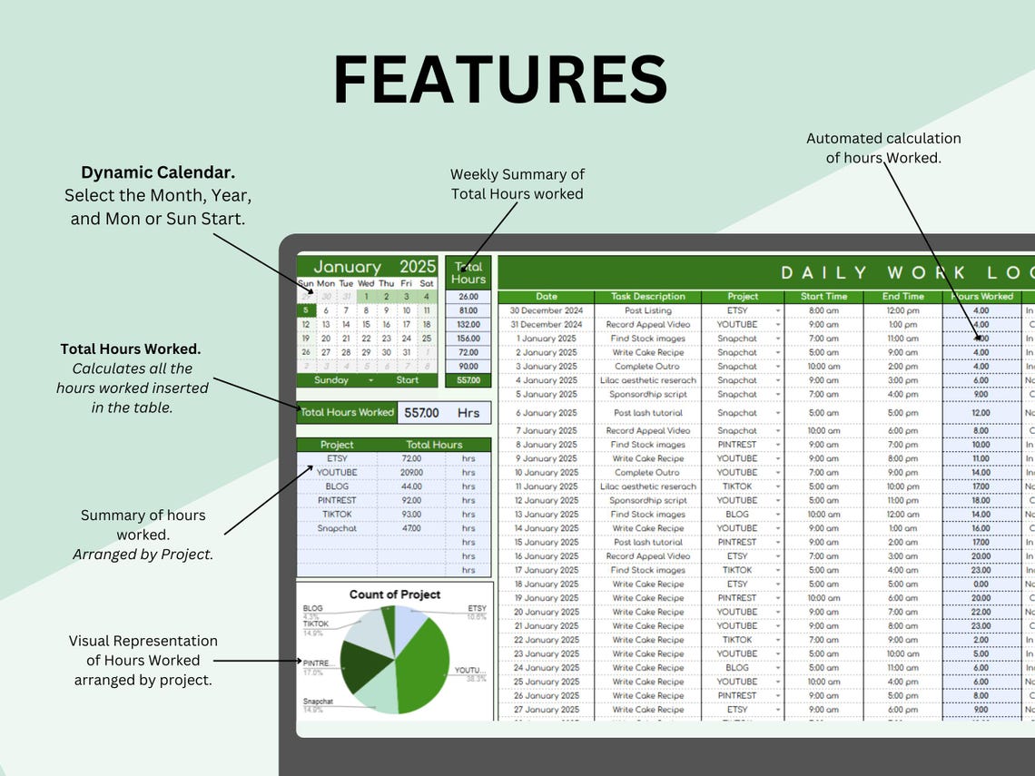 EDITABLE Daily Work Log Excel Template Track Time Projects Priorities ...