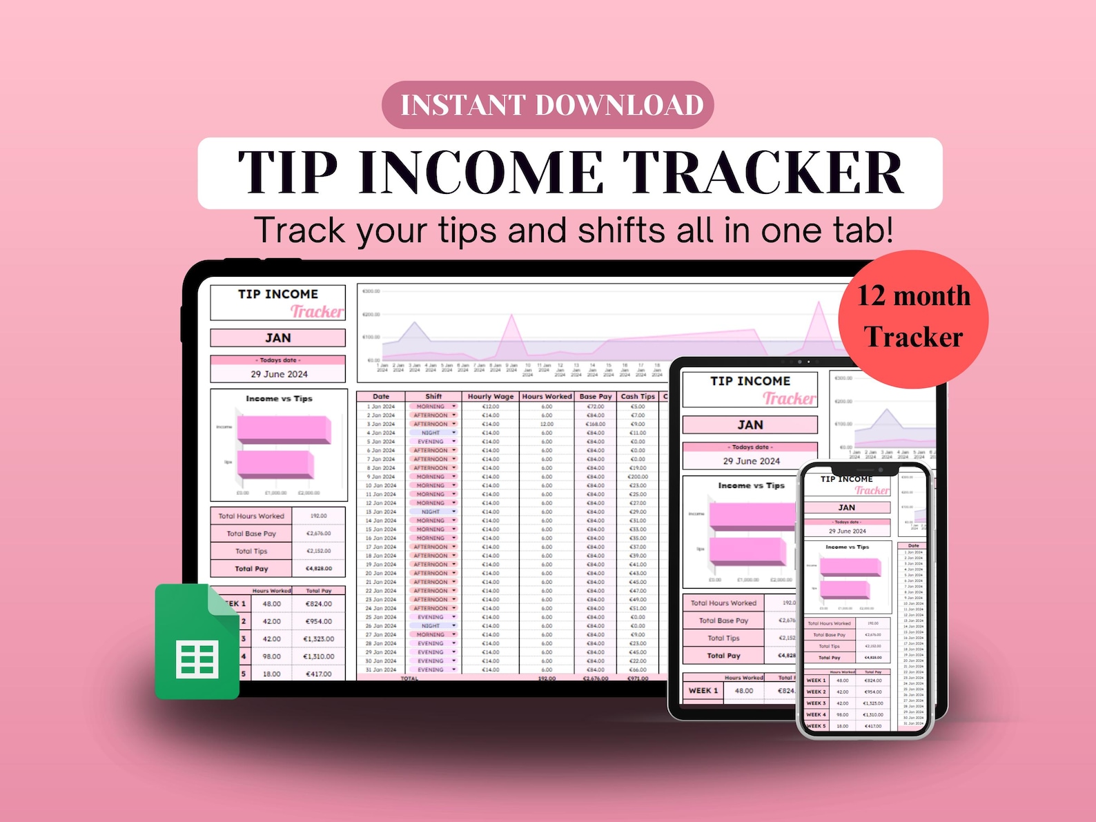 Tip Income Tracker Spreadsheet 2024 | Tip Log Tip Shift Tracker | Money ...