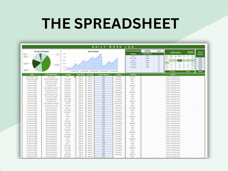 EDITABLE Daily Work Log Excel Template Track Time Projects Priorities ...