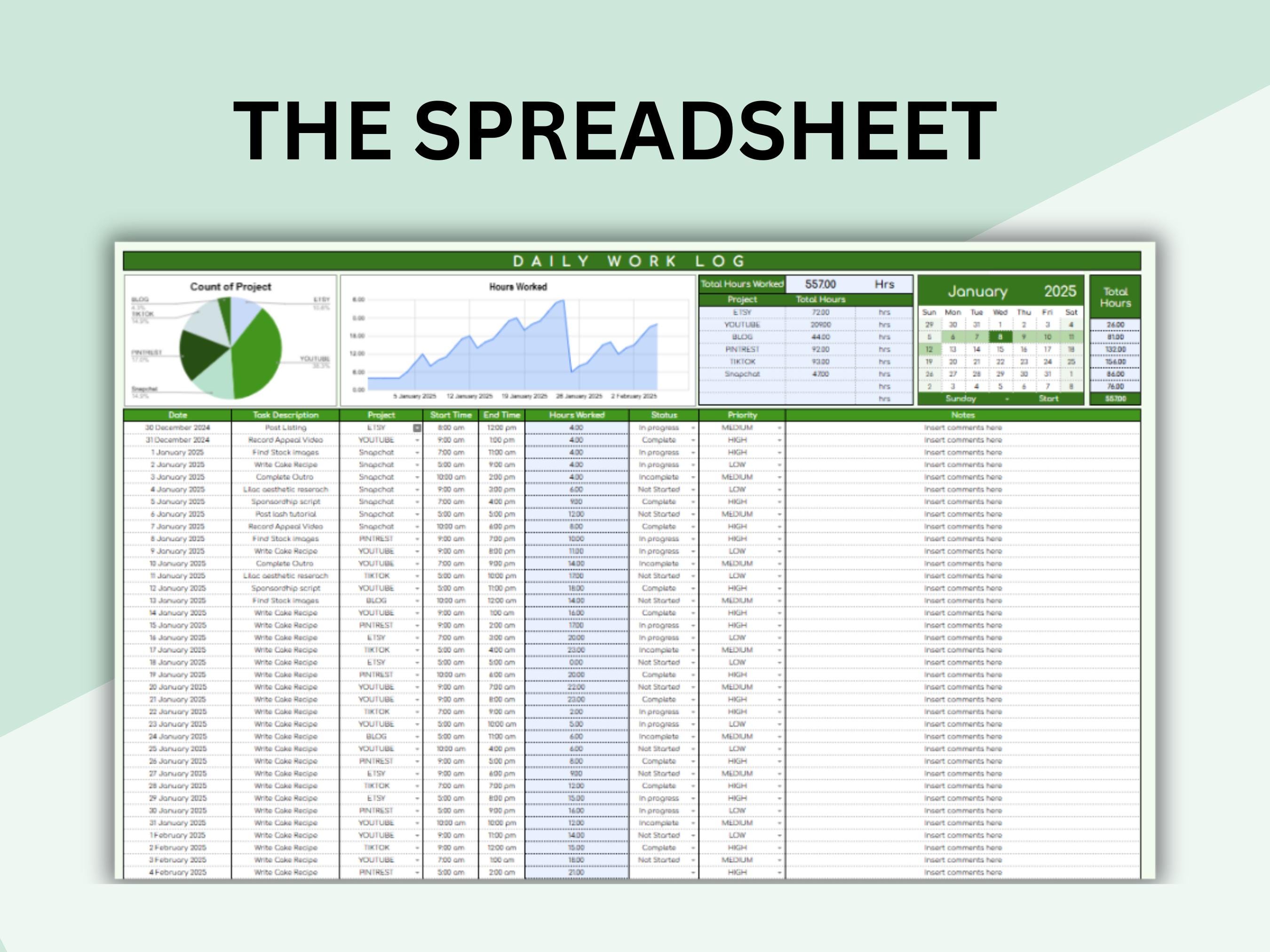 EDITABLE Daily Work Log Excel Template Track Time Projects Priorities ...