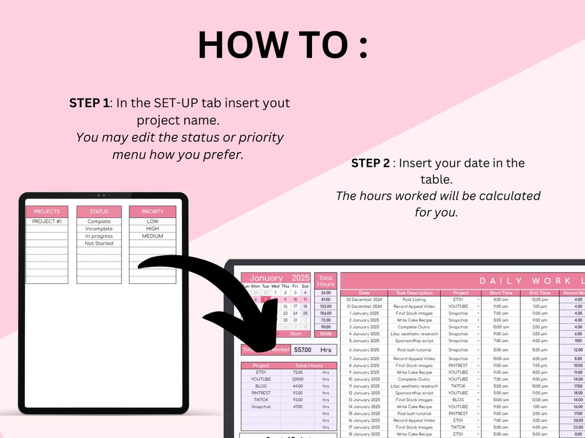 EDITABLE Daily Work Log Excel Template Track Time Projects Priorities Hours Worked Summary ...