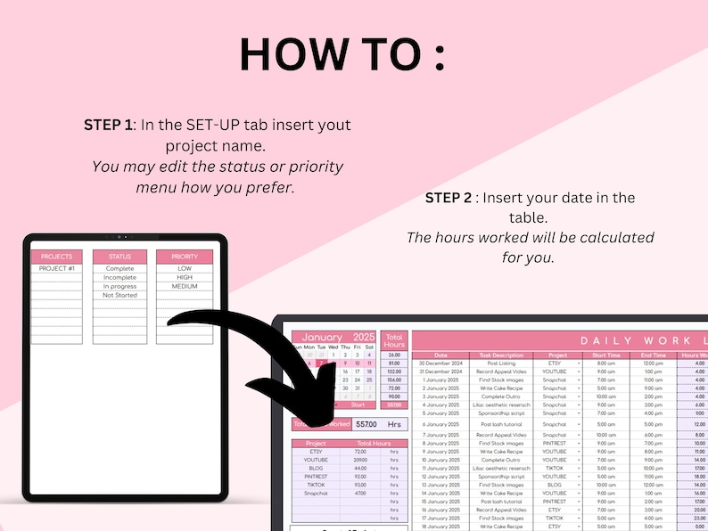 EDITABLE Daily Work Log Excel Template Track Time Projects Priorities ...