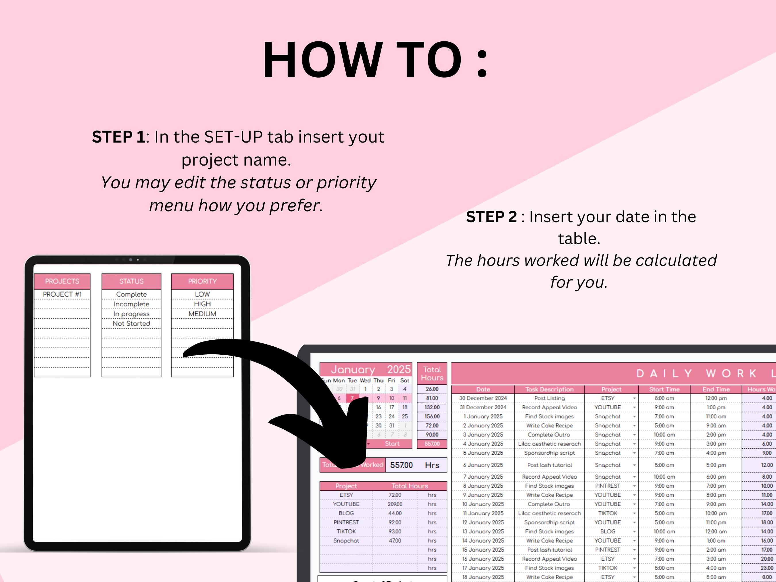 EDITABLE Daily Work Log Excel Template Track Time Projects Priorities ...