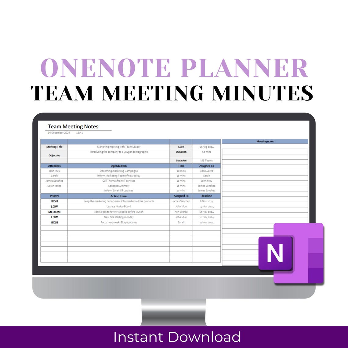 Onenote TEAM Meeting Template for Work Professionals, Meeting Notes ...