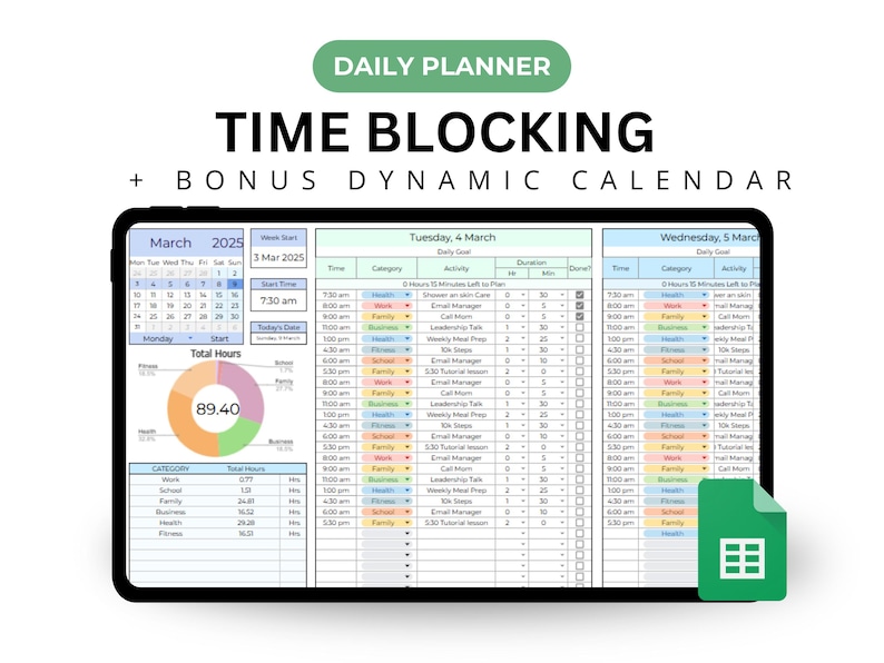 Time Blocking Planner Spreadsheet, Timeboxing To-do List Google Sheets Template, Daily Schedule ...