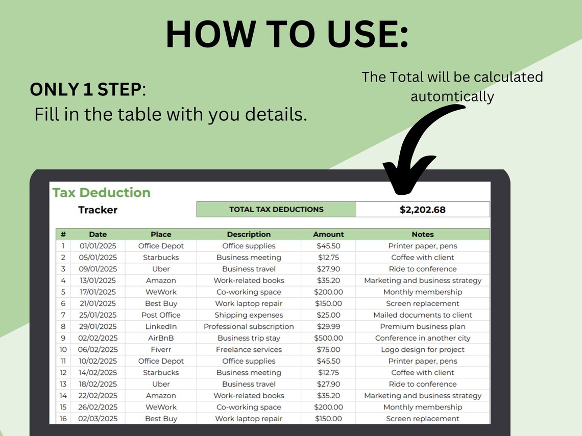 Tax Deduction Tracker Spreadsheet Editable Tax Deductions List Tax ...