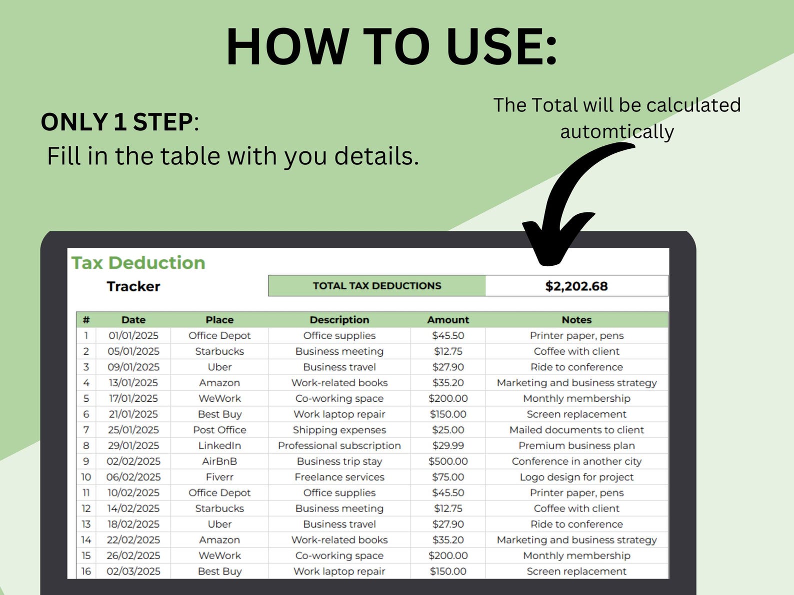 Tax Deduction Tracker Spreadsheet Editable Tax Deductions List Tax ...
