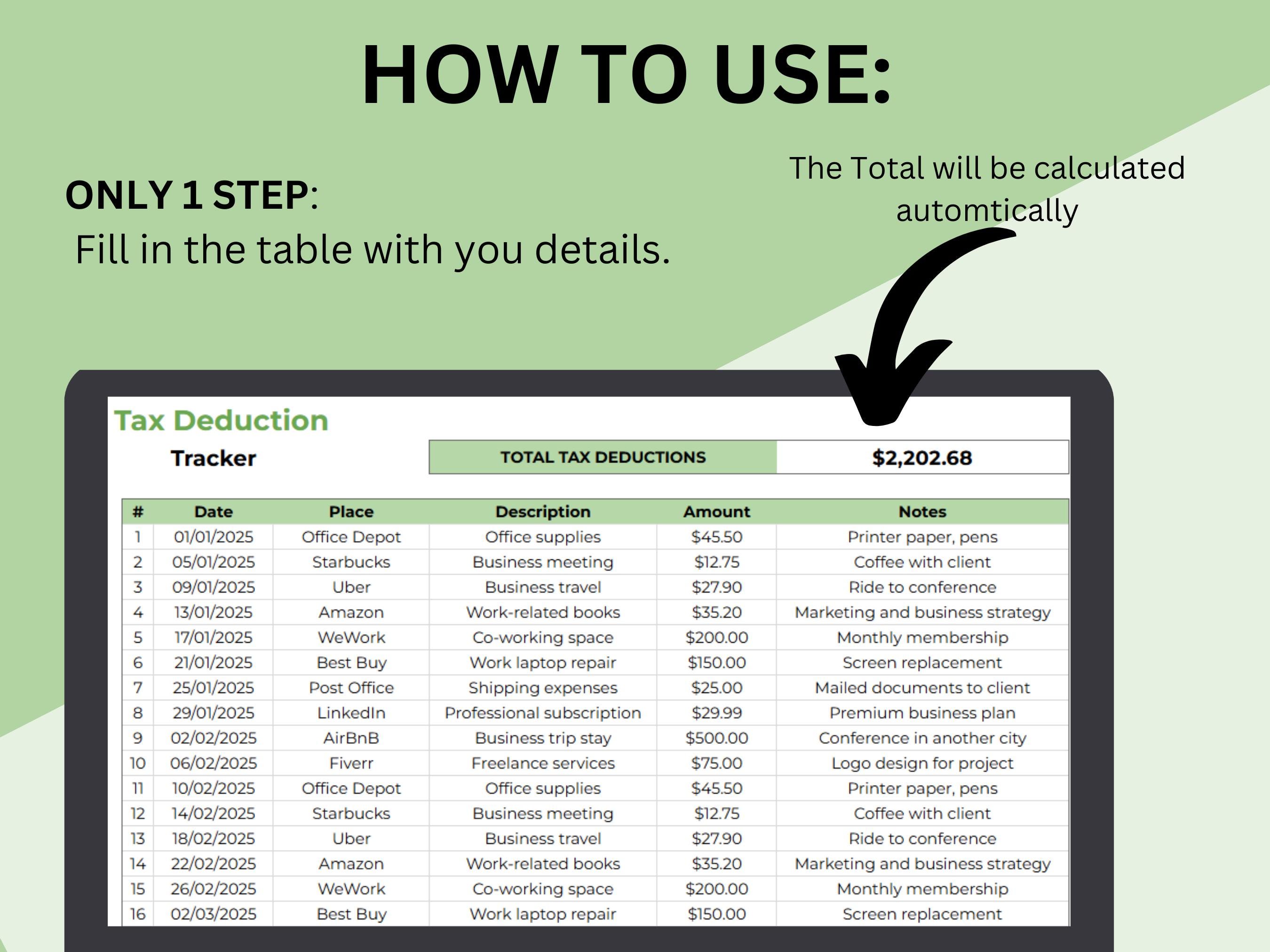 Tax Deduction Tracker Spreadsheet Editable Tax Deductions List Tax ...