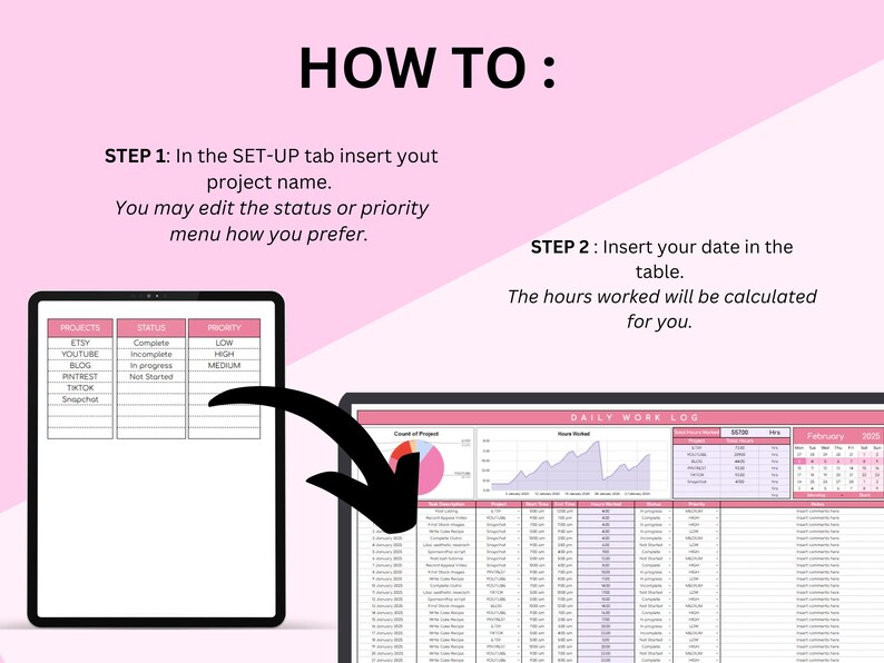 EDITABLE Daily Work Log Excel Template Track Time Projects Priorities ...